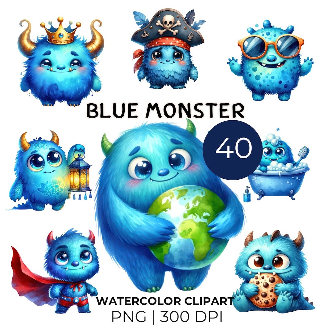Watercolor Blue Monster Clipart – 40 PNG Images, Kids Illustration ...
