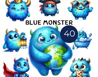 Cute Monsters Watercolor Clipart Bundle 35 PNG Transparent Images Kids ...