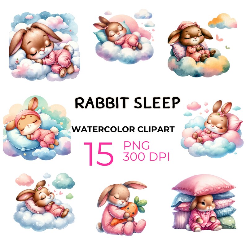 Slumbering Bunny Watercolor Clipart - Peaceful Rabbit Sleep ...