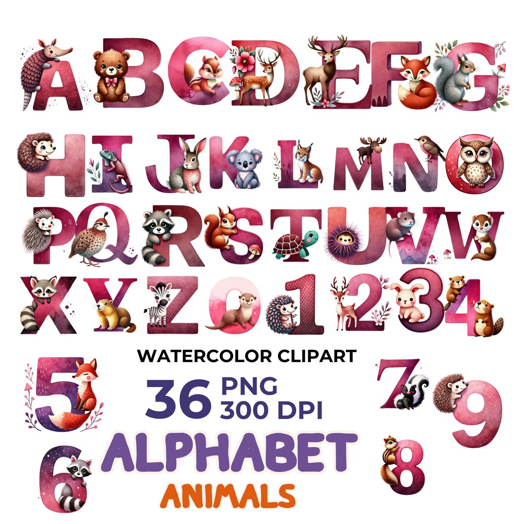 Animal Alphabet Clipart | 36 PNG Watercolor Letters & Numbers ...