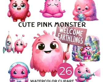 Cute Monsters Watercolor Clipart Bundle 35 PNG Transparent Images Kids ...