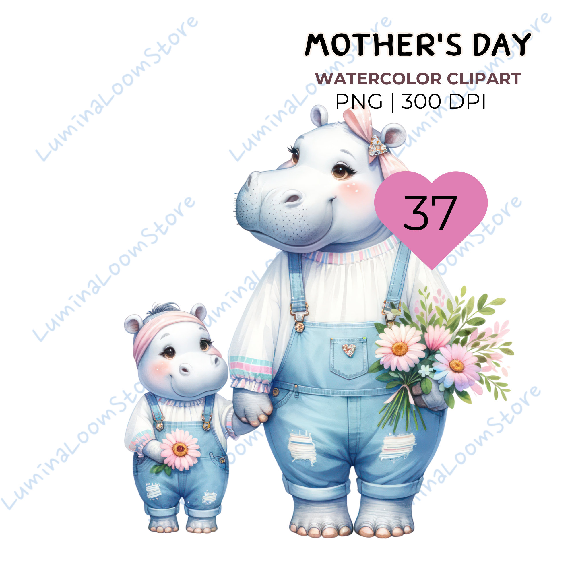Mother and Baby Hippo Watercolor Clipart Set Digital PNG Images for ...