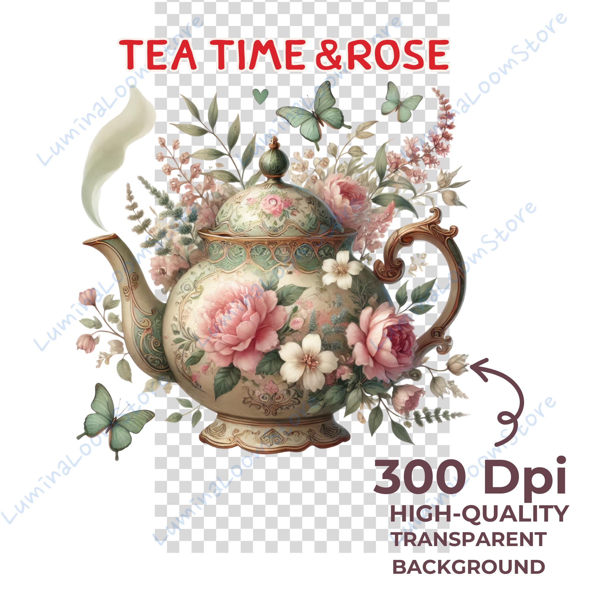 Rose Teapot Clipart - Vintage Tea Time Illustrations PNG, Floral Teapot Digital Download for ...