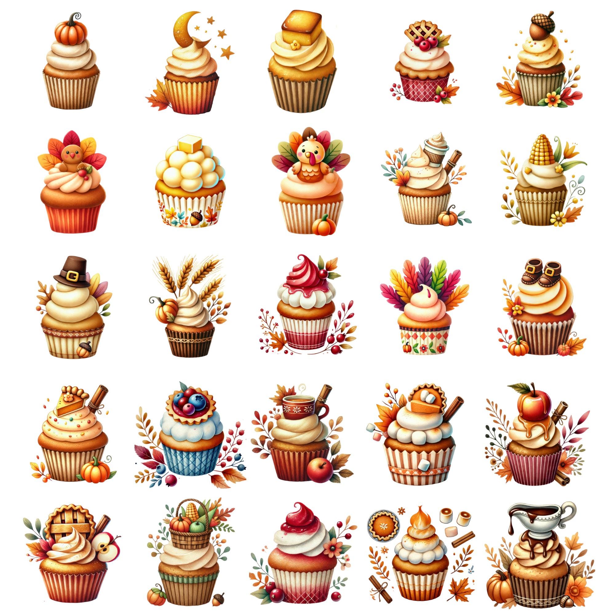 Thanksgiving Cupcake Clipart - Fall Watercolor PNG Files for Crafts ...