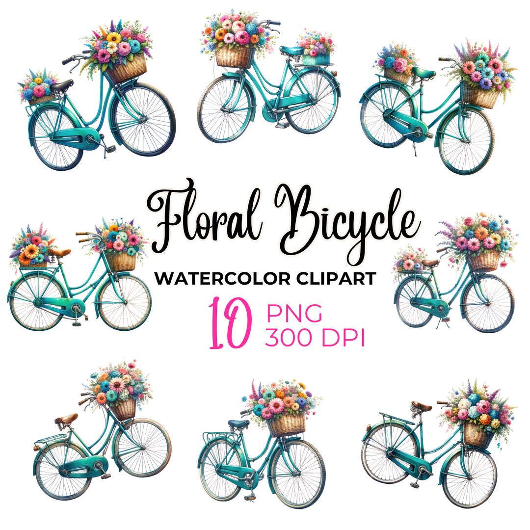 Floral Bicycle Watercolor Clipart: Vintage Flower Basket PNG Set ...