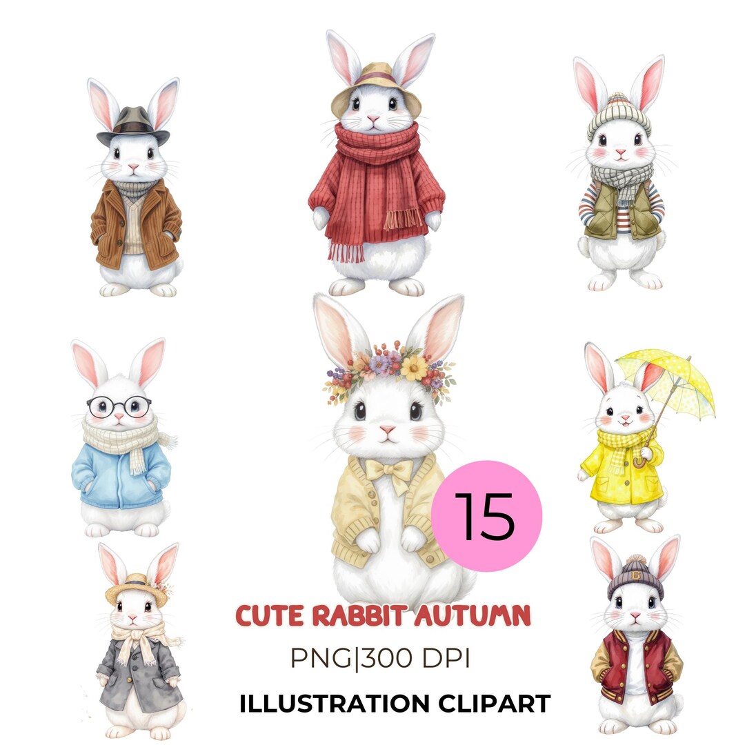 Autumn Bunny Clipart Set – 15 Fall Rabbit PNG Illustrations (digital ...