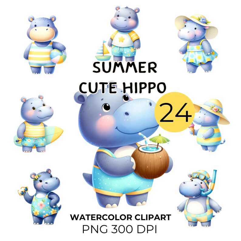 Beach Baby Hippo Clipart, Baby Hippo Png, Beach Baby Shower, Blue Hippo ...