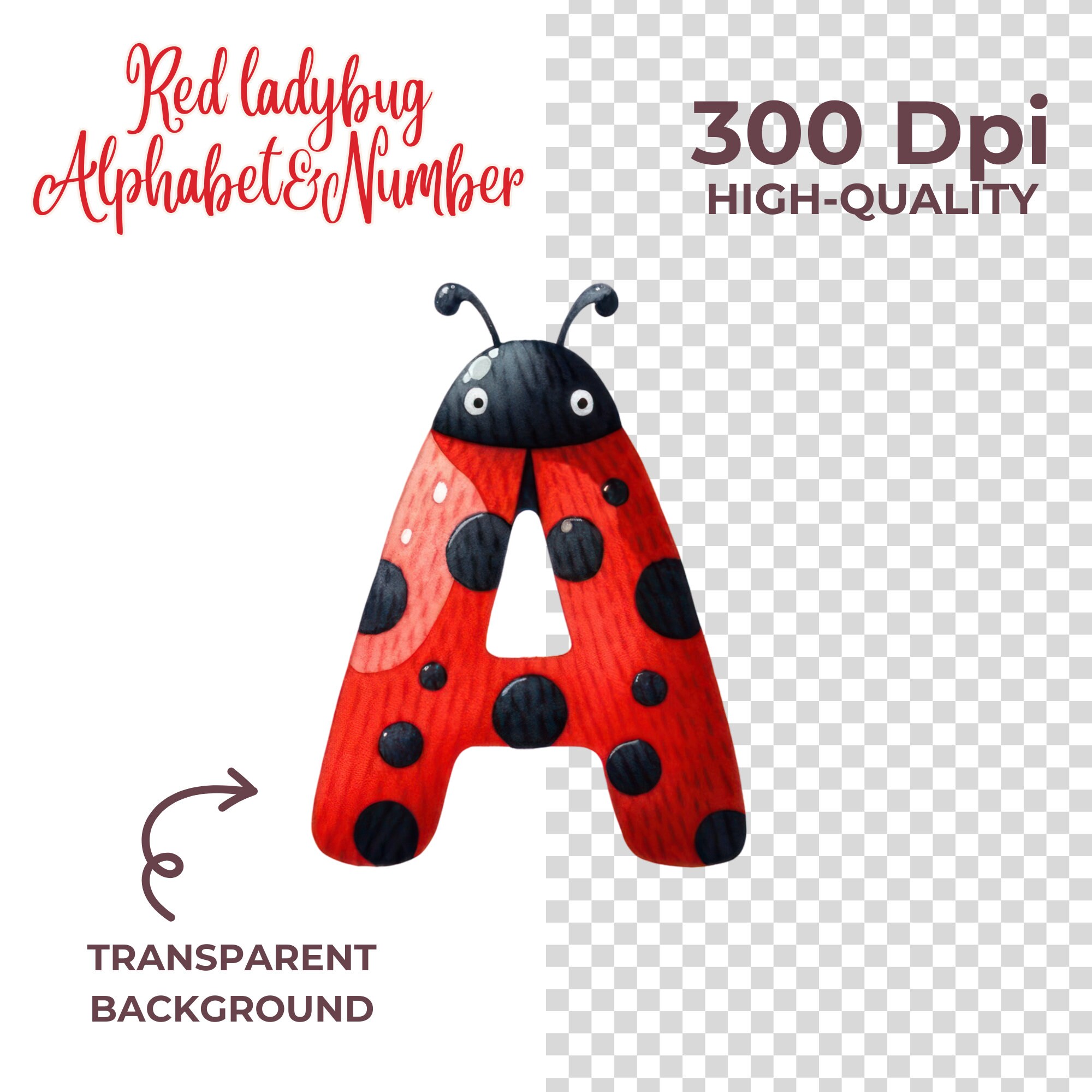 Red Ladybug Alphabet Clipart: Watercolor Letters & Numbers (PNG, 300 ...