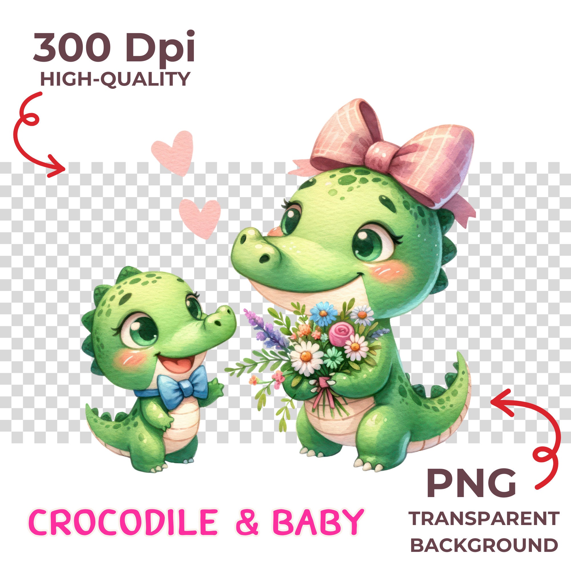 Watercolor Crocodile Clipart Set: Mother and Baby PNG Images (digital ...