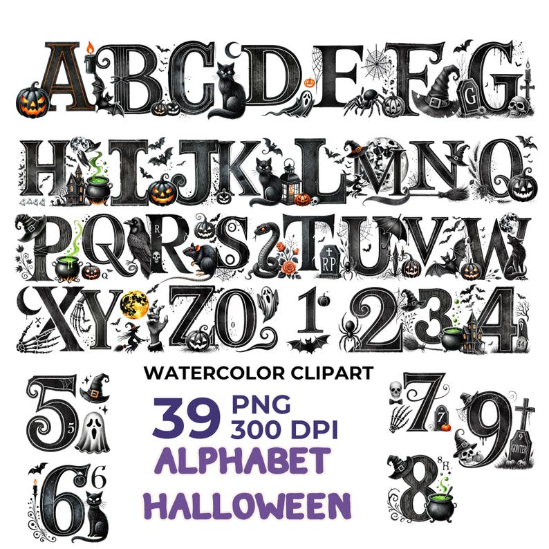 Halloween Alphabet Clipart 39 PNG Watercolor Letters & Numbers Spooky ...