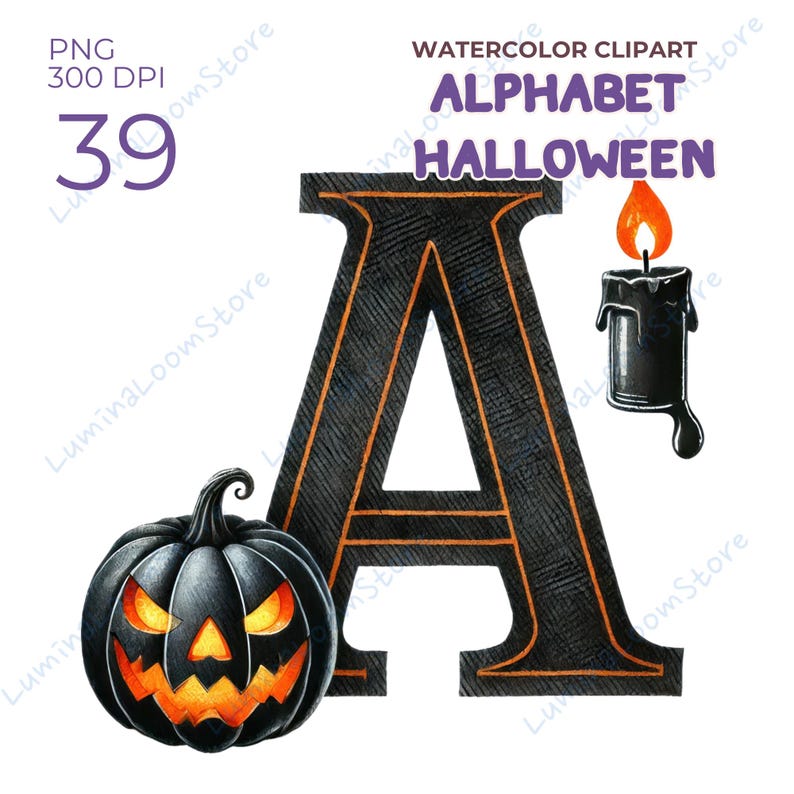 Halloween Alphabet Clipart | 39 PNG Watercolor Letters & Numbers ...
