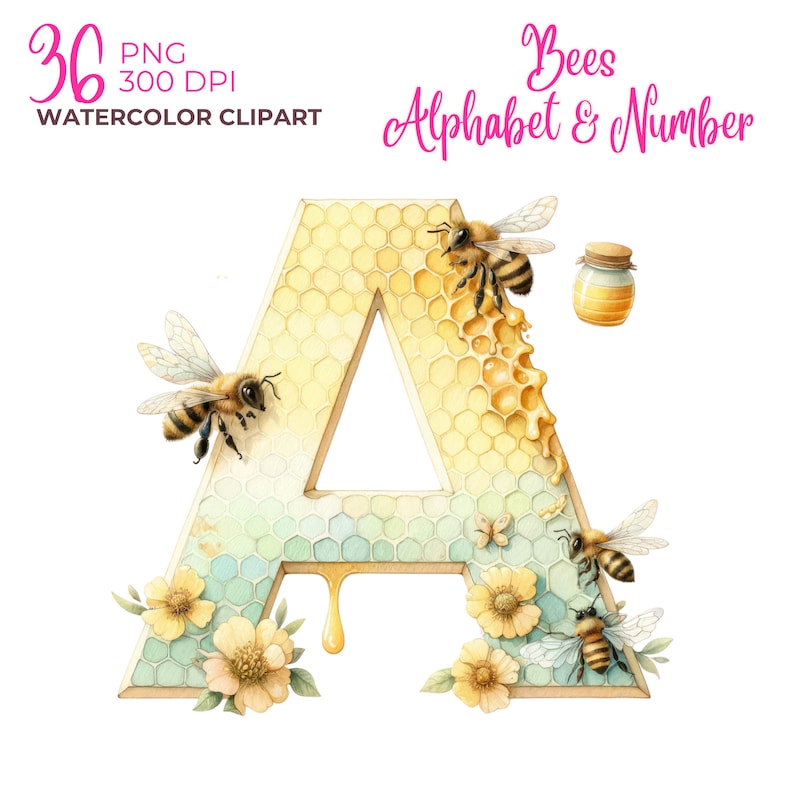 Bee-themed Alphabet and Numbers Clipart Set - Watercolor ABC and 123 ...