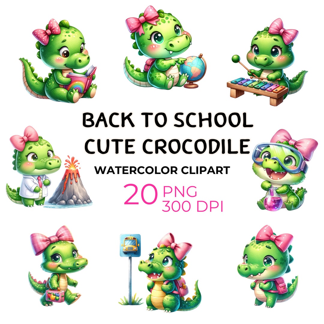 Schooltime Crocodile Clipart - Playful Watercolor Alligator ...