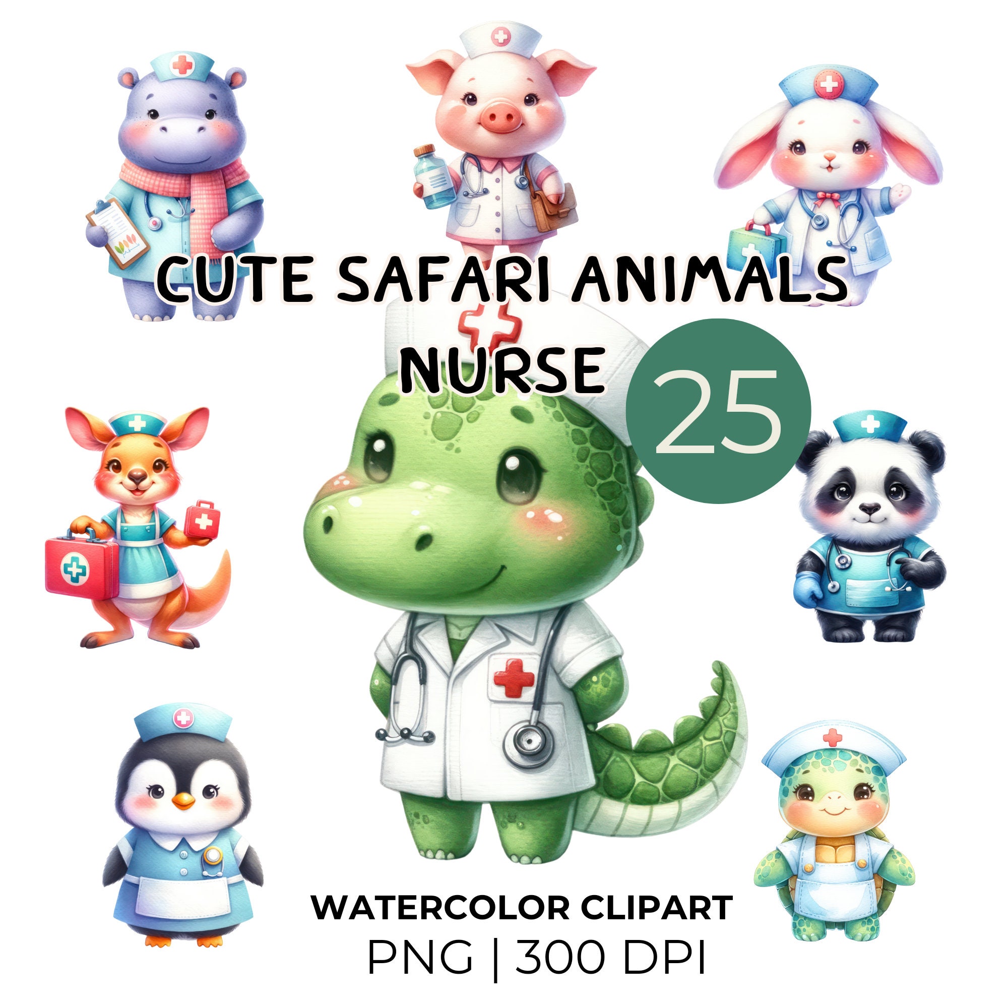 Nurse Animals Clipart, Watercolor Cute Nursing Doctor Baby Animal ...
