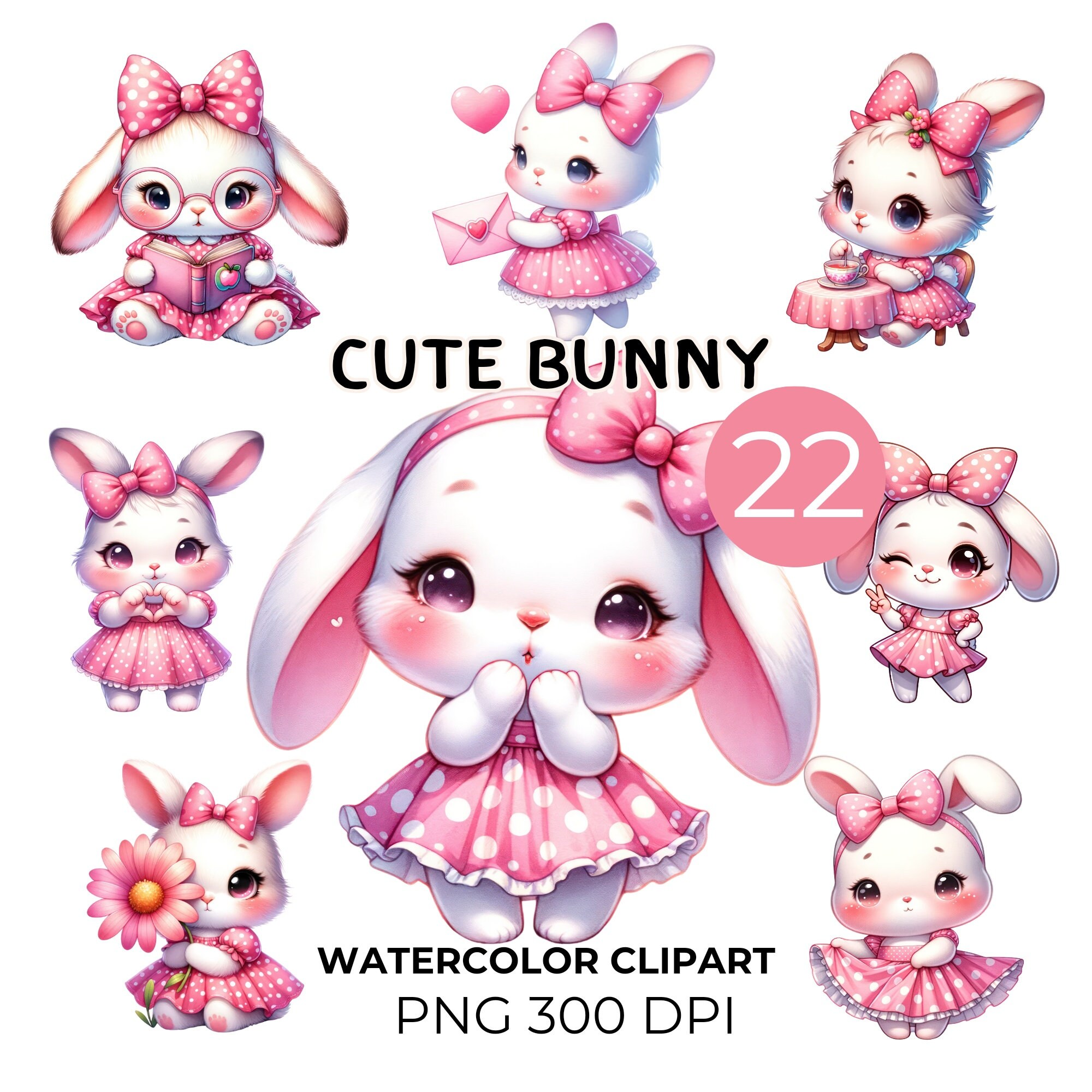 Adorable Bunny Watercolor Clipart Collection - 22 PNG Images for ...