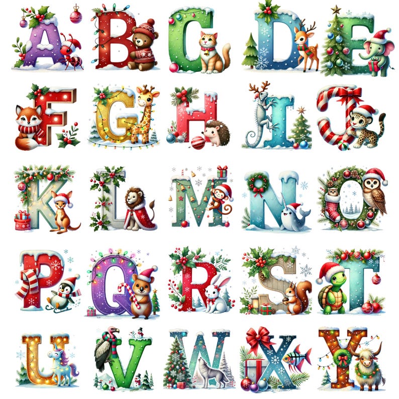 Christmas Alphabet Clipart - Watercolor Animal Letters PNG Download - Etsy