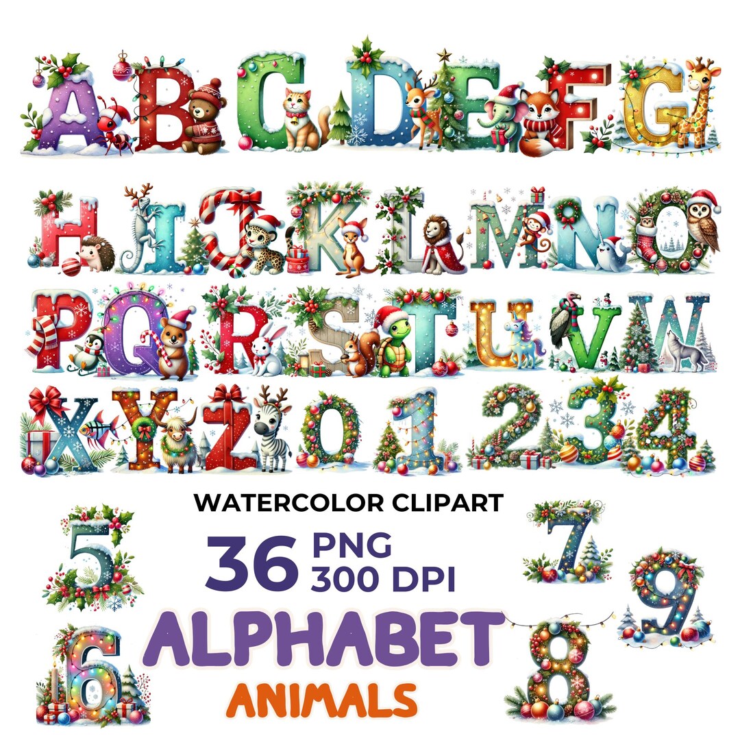 Christmas Alphabet Clipart - Watercolor Animal Letters PNG Download - Etsy