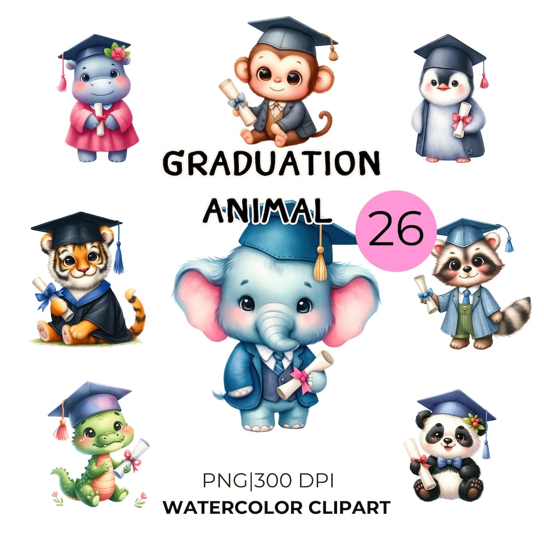 Graduation Animal Clipart Bundle | Watercolor PNG | Cute Animal ...