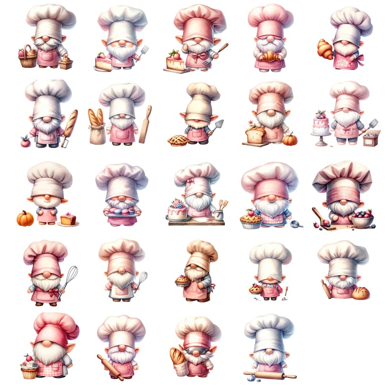 Baker Gnomes Watercolor Clipart Set - Cute Kitchen Gnomes, Chef Gnome ...