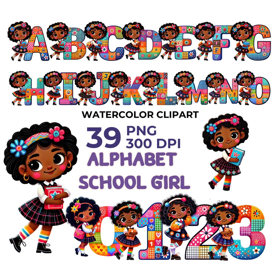 Alphabet School Girl Clipart | Watercolor ABC Letters and Numbers PNG ...
