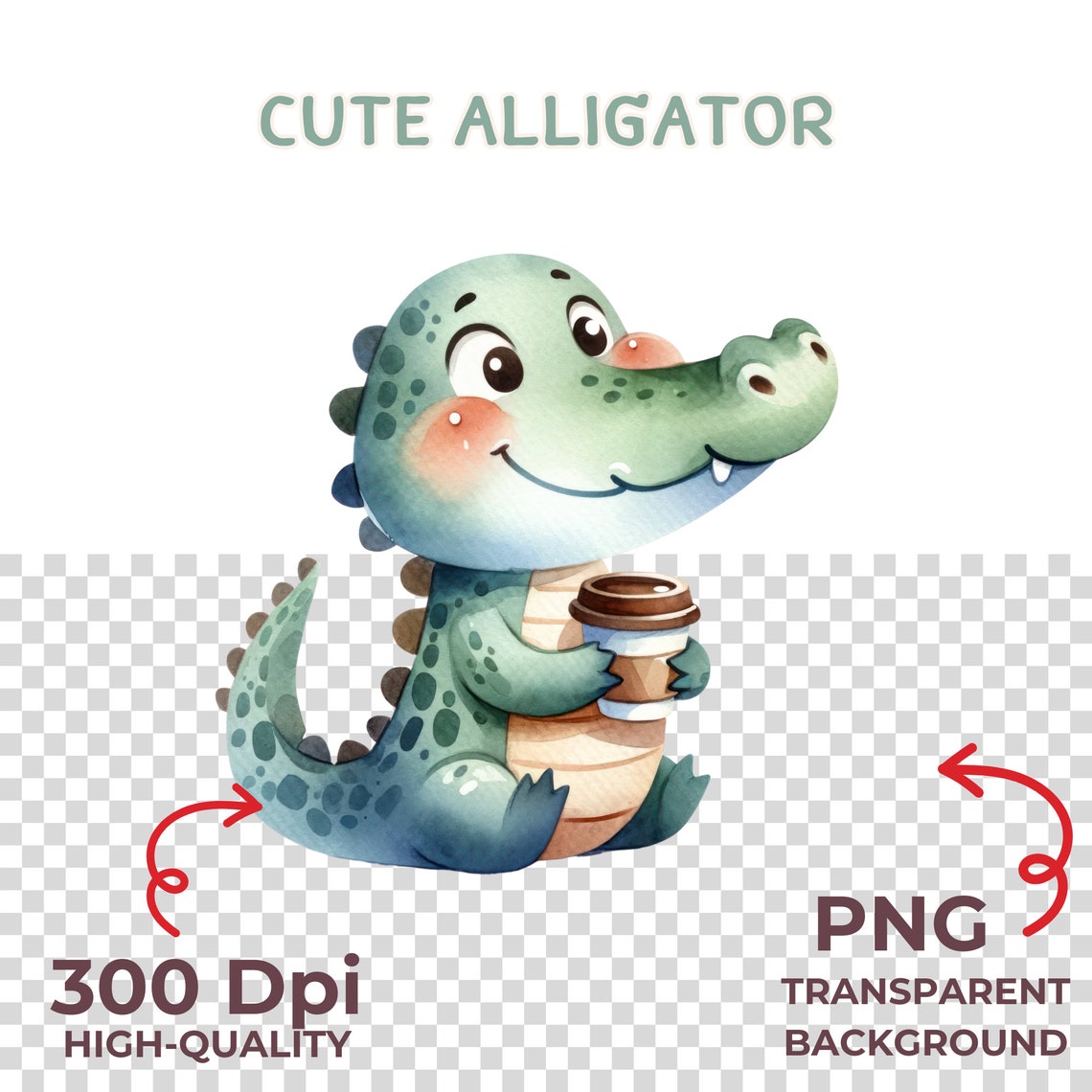 Adorable Alligator Watercolor Clipart Collection - 26 PNG Images for ...