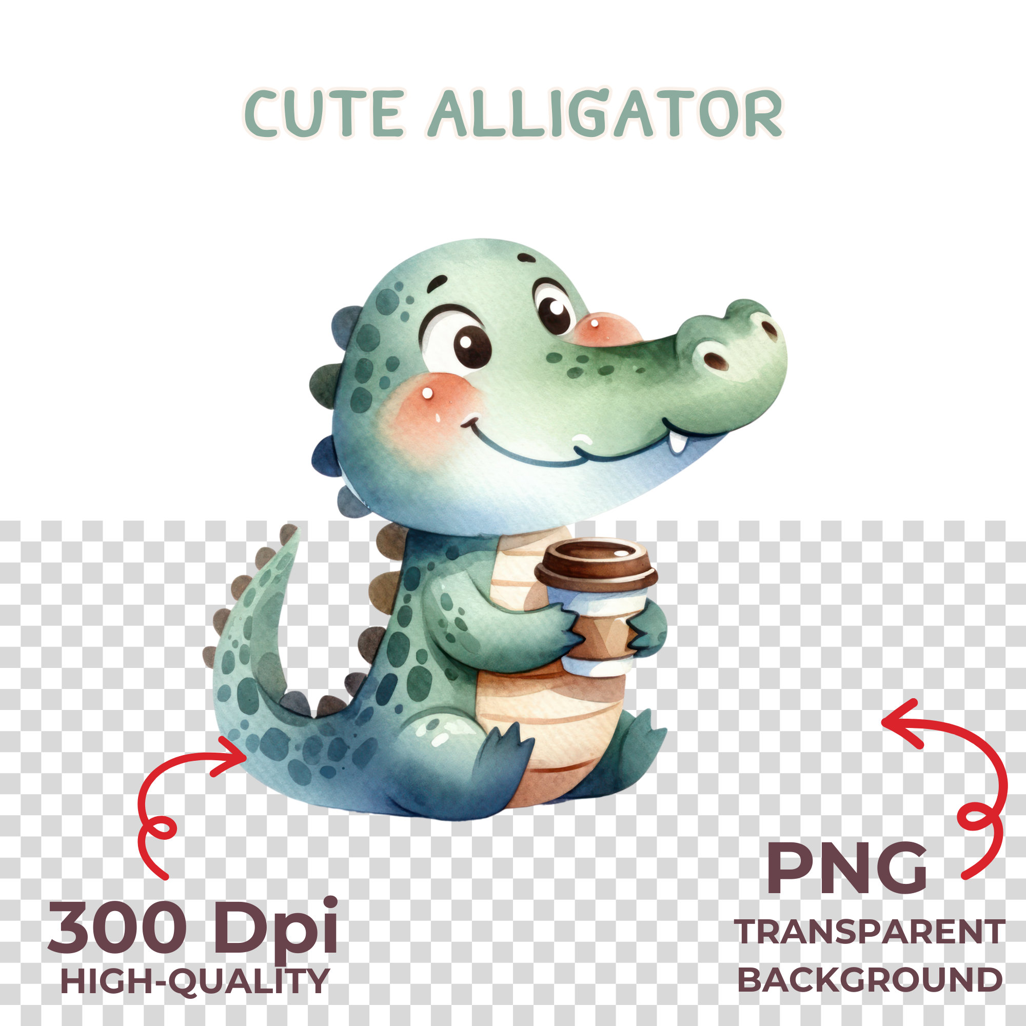 Adorable Alligator Watercolor Clipart Collection - 26 PNG Images for ...