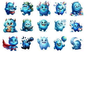 Watercolor Blue Monster Clipart – 40 PNG Images, Kids Illustration ...