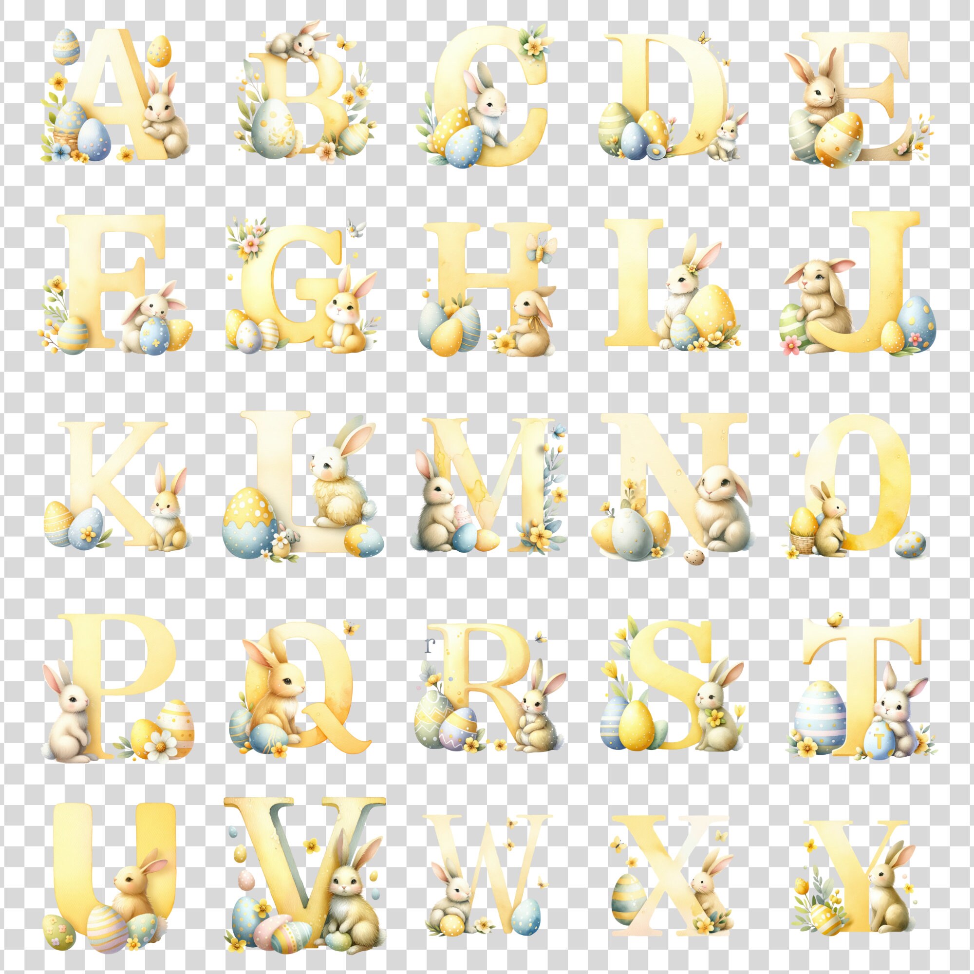 Easter Watercolor Alphabet Clipart: Bunnies & Eggs (36 PNG Files) - Etsy