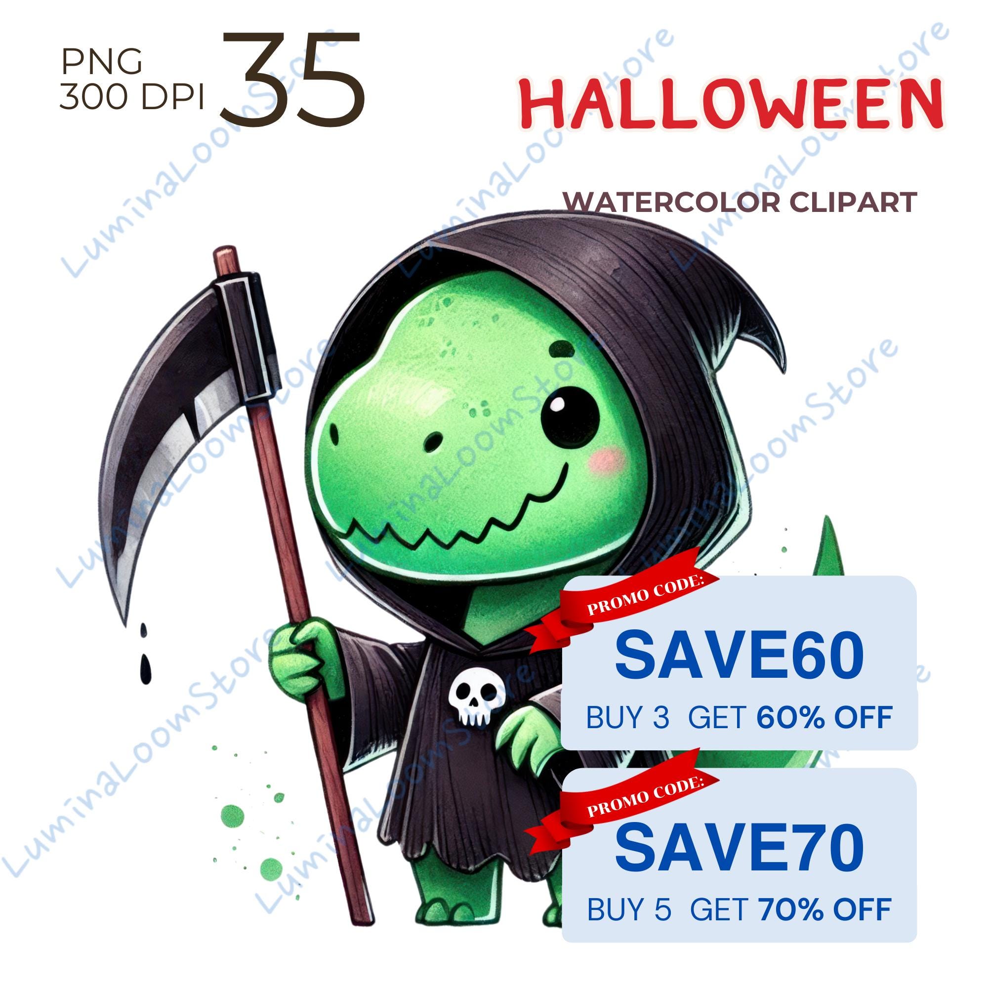 Halloween Dino Clipart PNG, Cute Dinosaur Digital Download, Watercolor ...