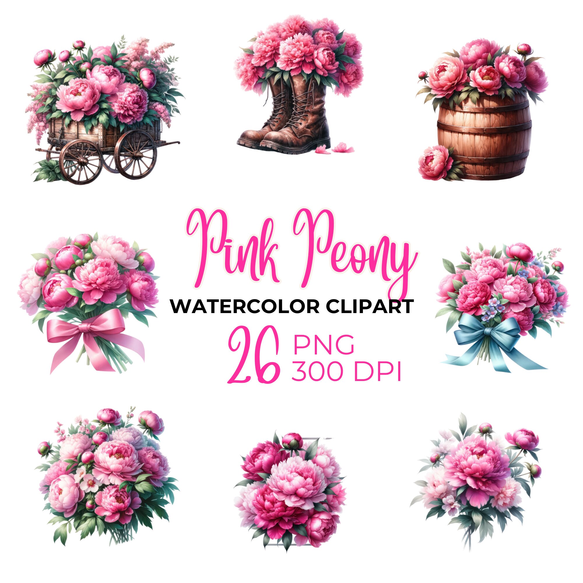 Pink Peony Watercolor Clipart Set 26 PNG Files, 300 DPI, Ideal for ...
