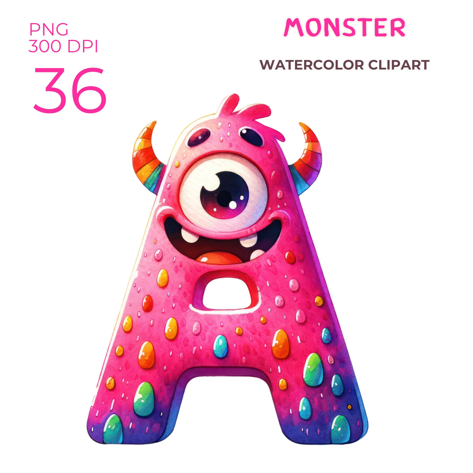 Pink Monster Lettering Clipart Alphabet & Numbers Watercolor Set for ...