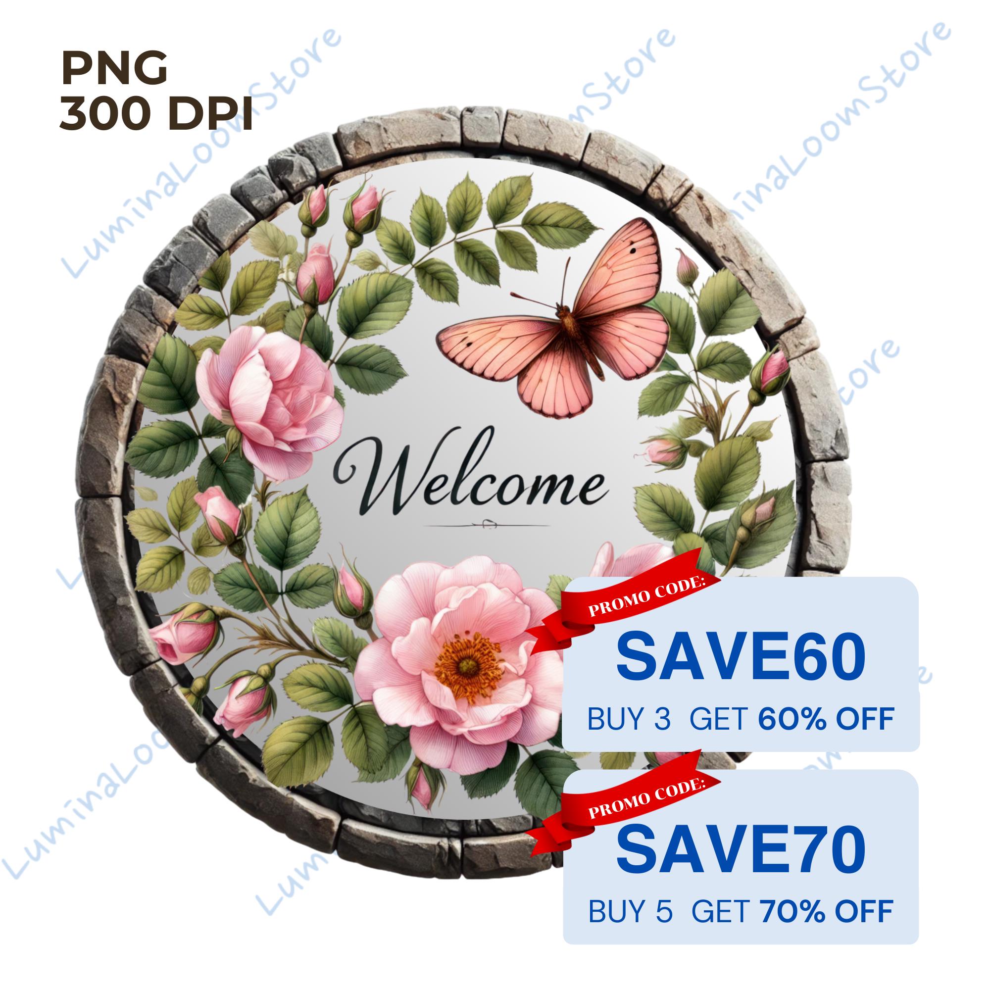 Floral Rose Welcome Sign, Butterfly Wall Art, Rustic Stone Printable ...