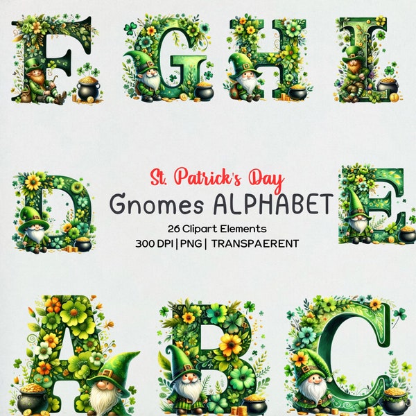 Watercolor Emerald Letters St. Patrick's Day Gnome Alphabet Clipart ...