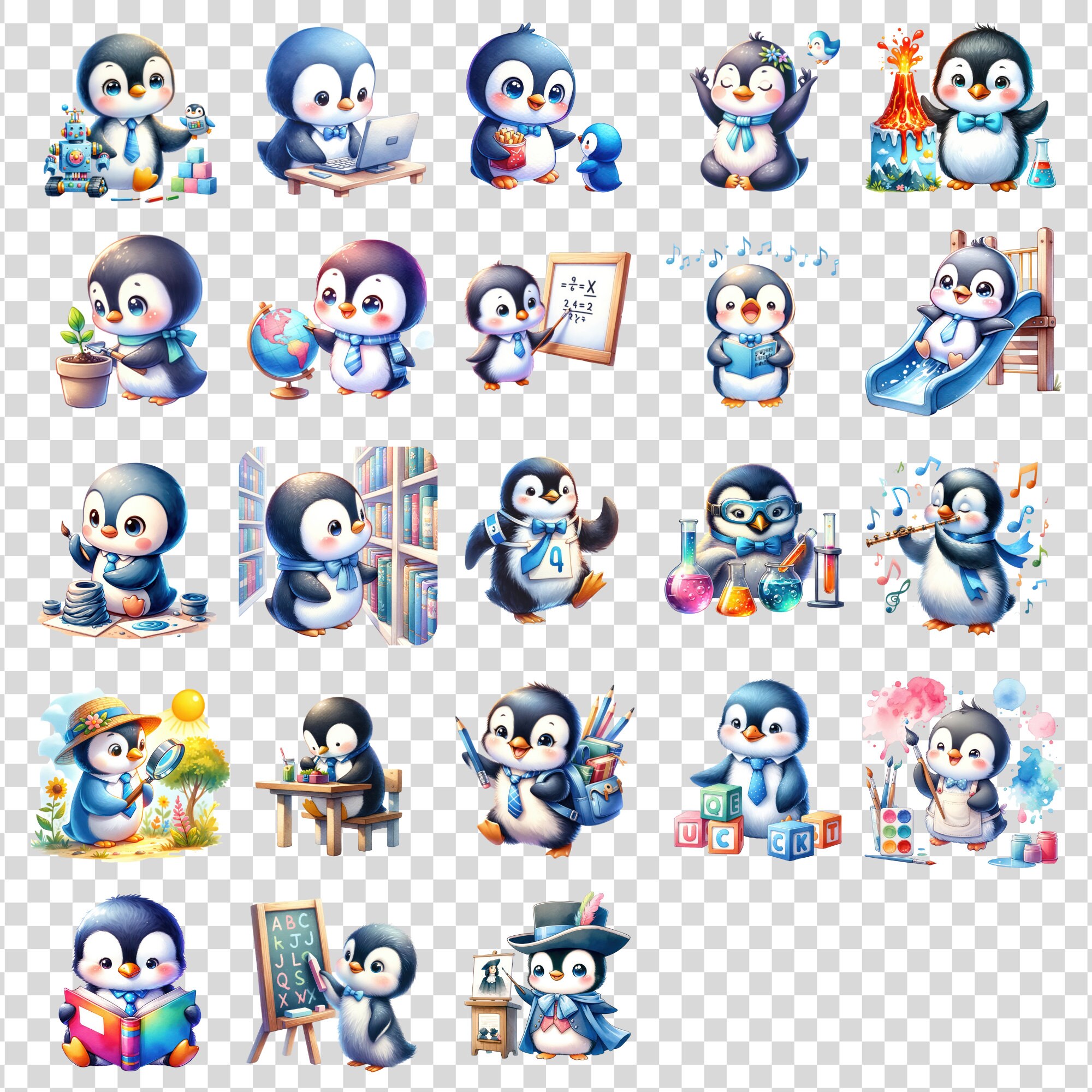 Scholarly Penguin Clipart - Playful Back to School Watercolor Penguins ...