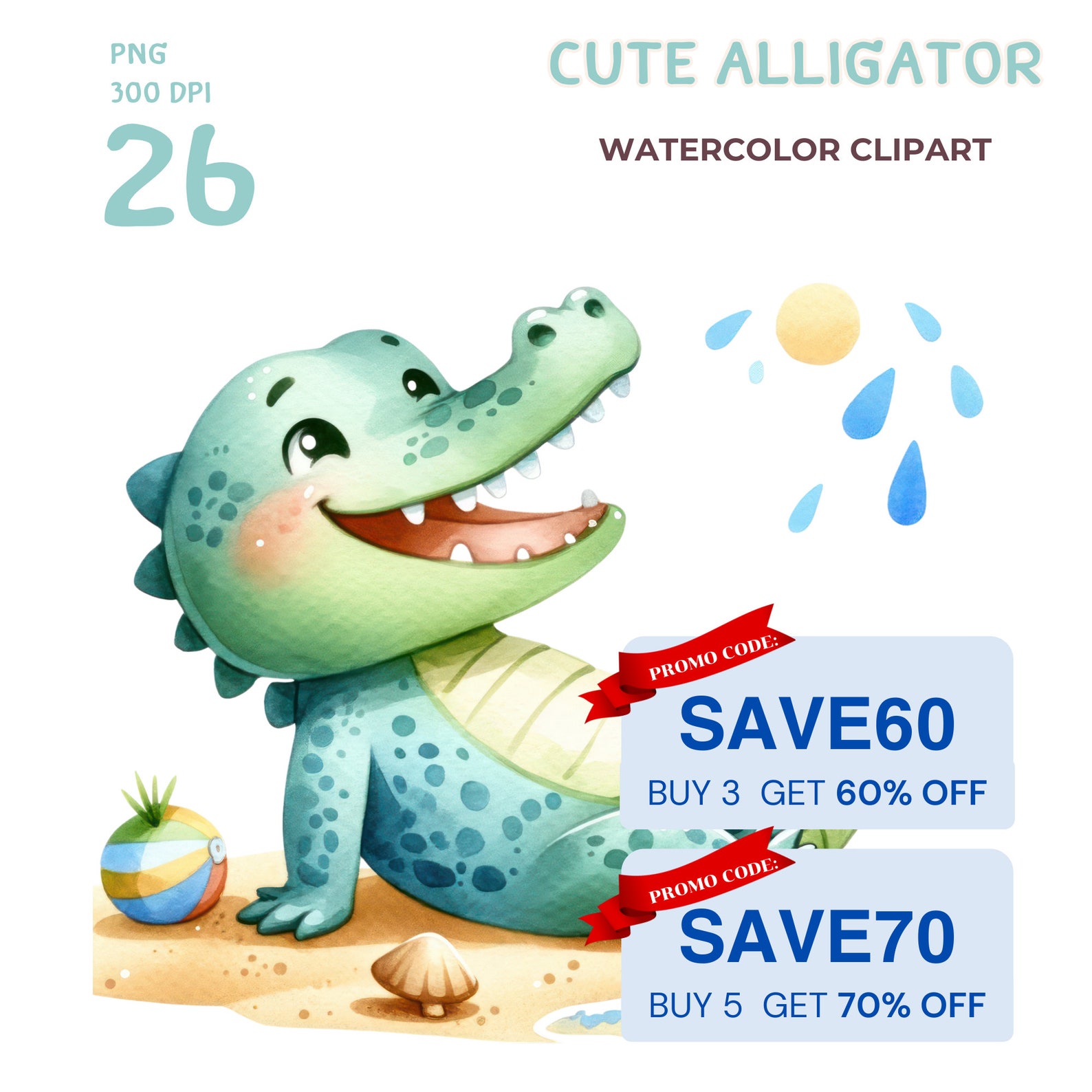 Adorable Alligator Watercolor Clipart Collection - 26 PNG Images for ...