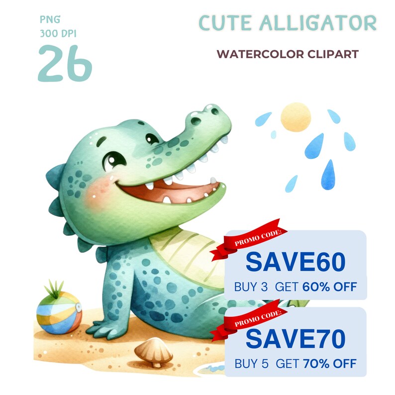 Adorable Alligator Watercolor Clipart Collection - 26 PNG Images for ...