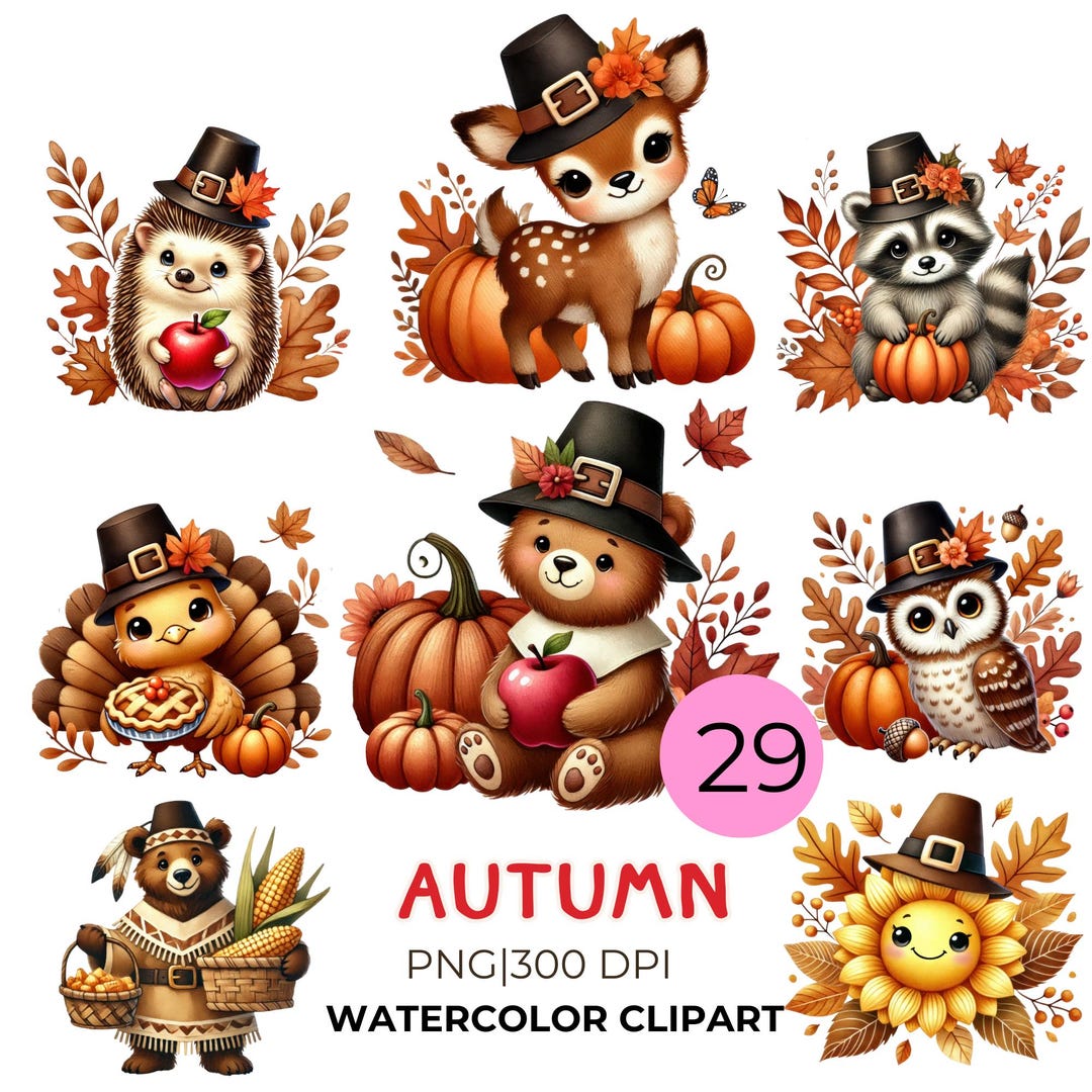 Watercolor Thanksgiving- Harvest Animals Clipart - Fall Themed Digital ...