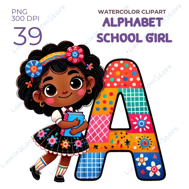 Alphabet School Girl Clipart | Watercolor ABC Letters and Numbers PNG ...