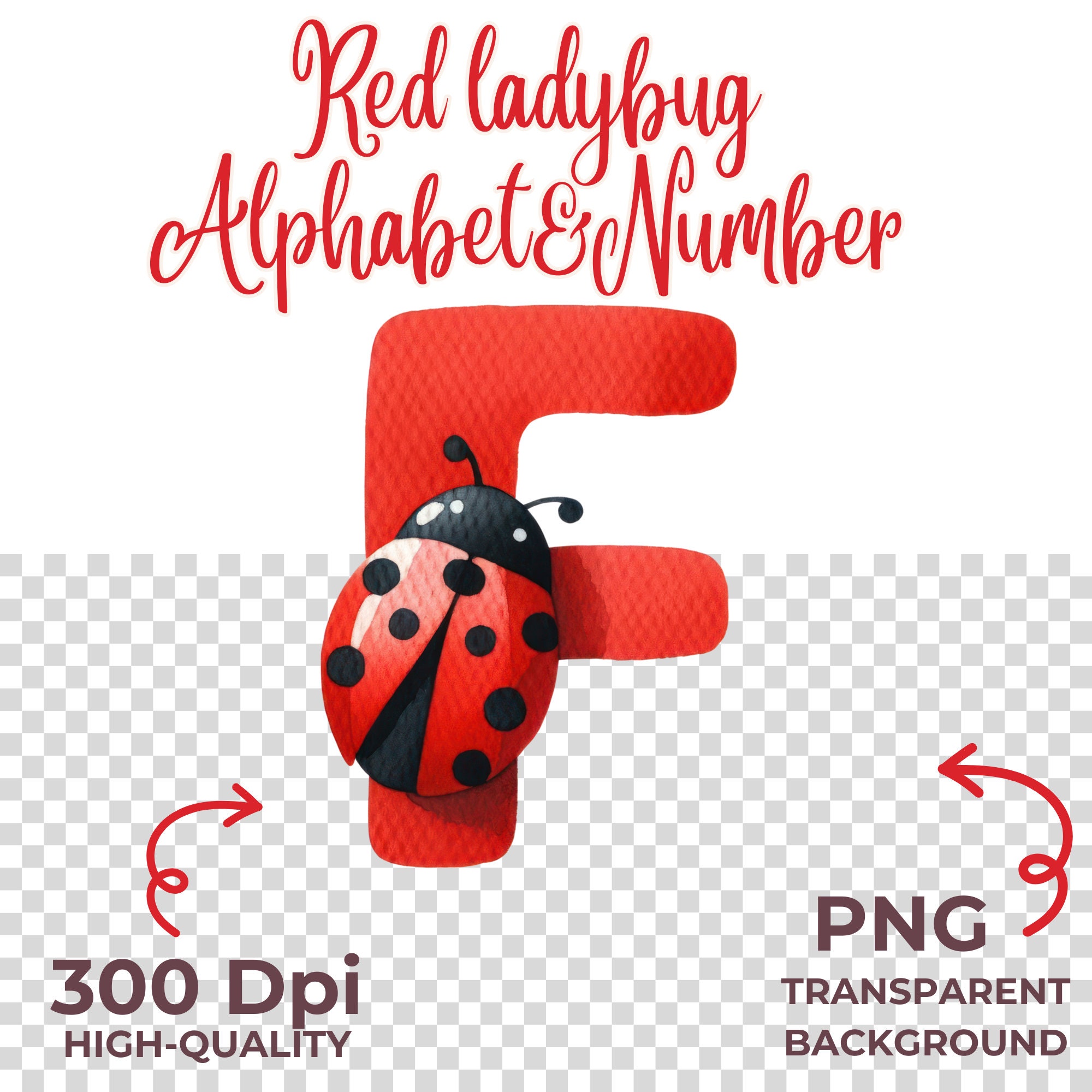 Red Ladybug Alphabet Clipart: Watercolor Letters & Numbers (PNG, 300 ...