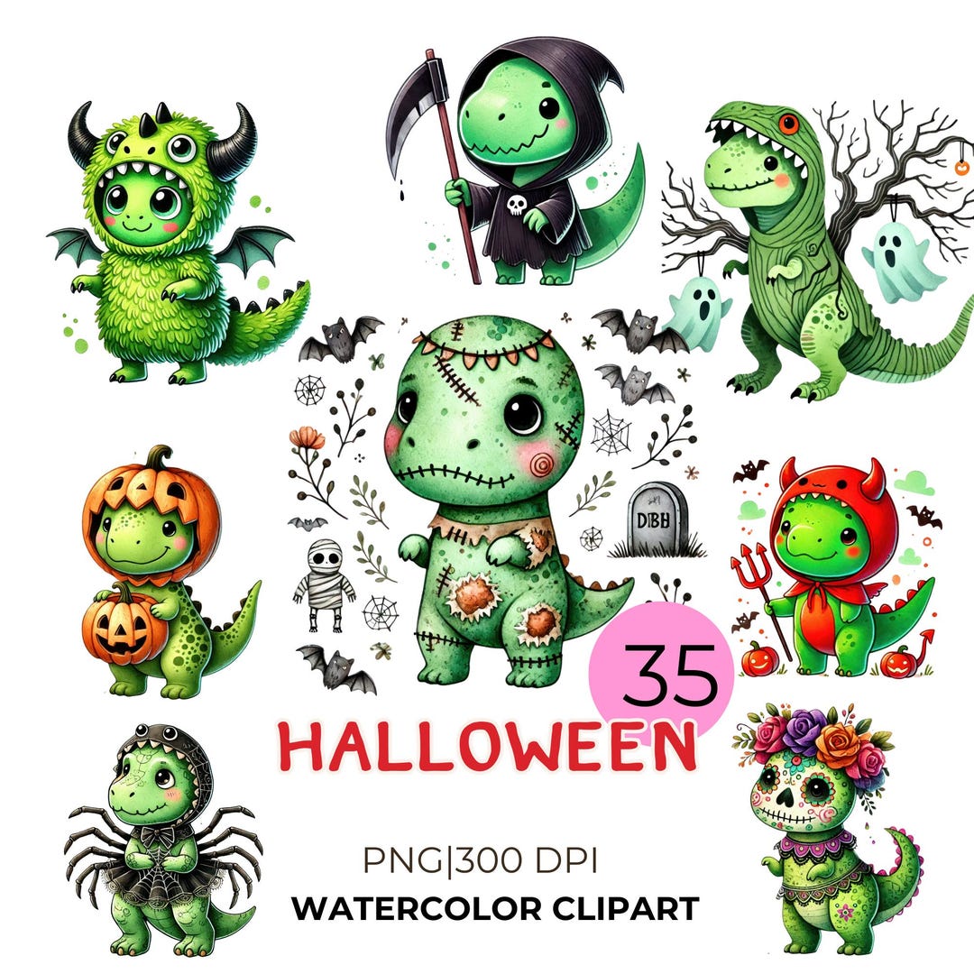 Halloween Dino Clipart PNG, Cute Dinosaur Digital Download, Watercolor ...
