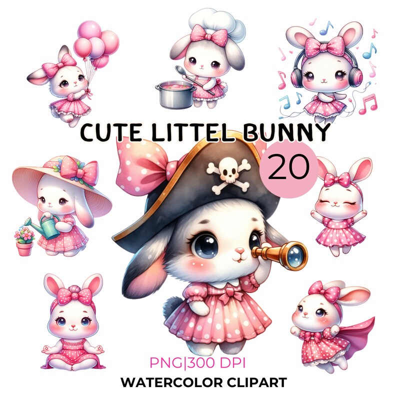 Adorable Bunny Watercolor Clipart Collection - 20 PNG Images for ...