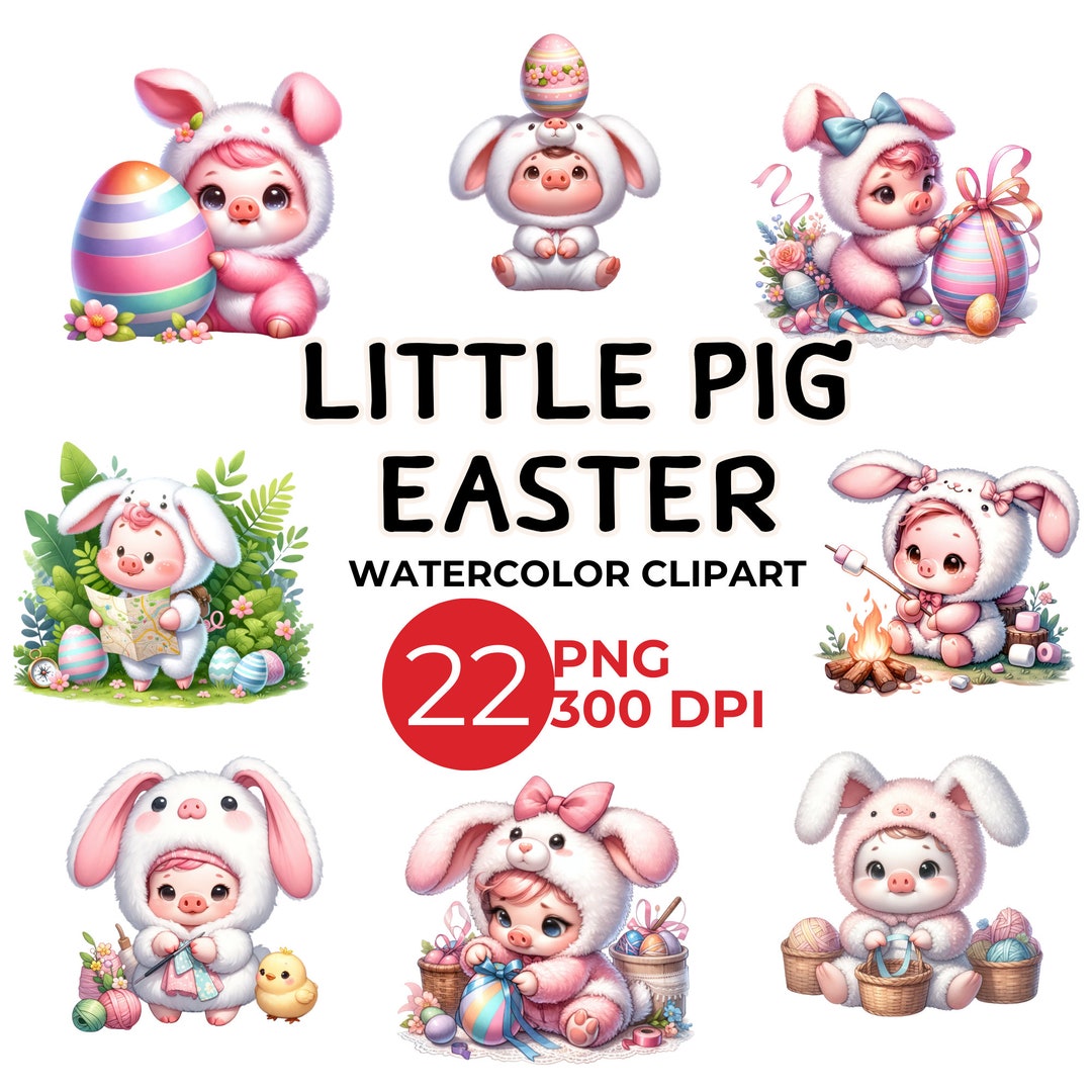 Little Pig Easter Clipart Set - Watercolor Piglets With Bunny Ears PNG ...