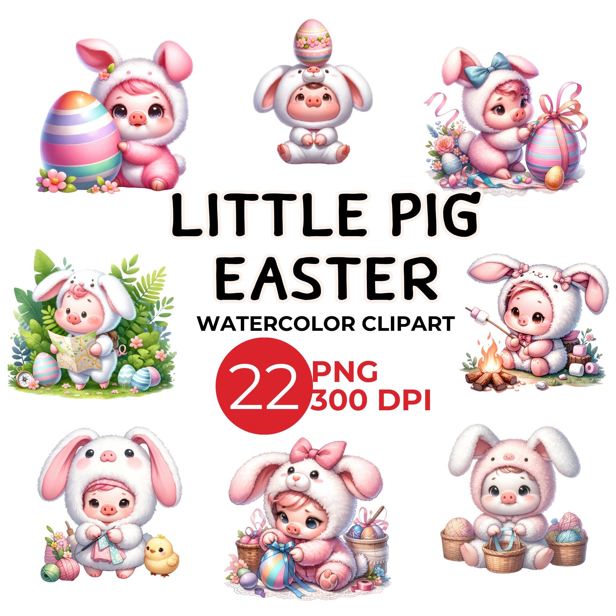 Little Pig Easter Clipart Set Watercolor Piglets With Bunny Ears PNG ...