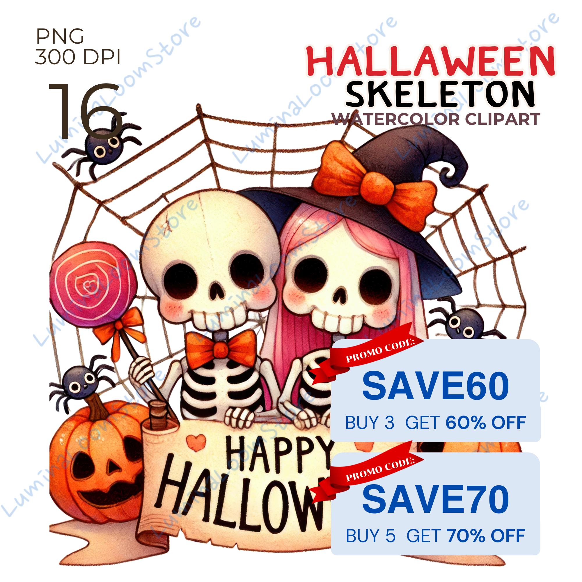 Halloween Skeleton Couple Clipart | Cute Watercolor Skeleton Art ...