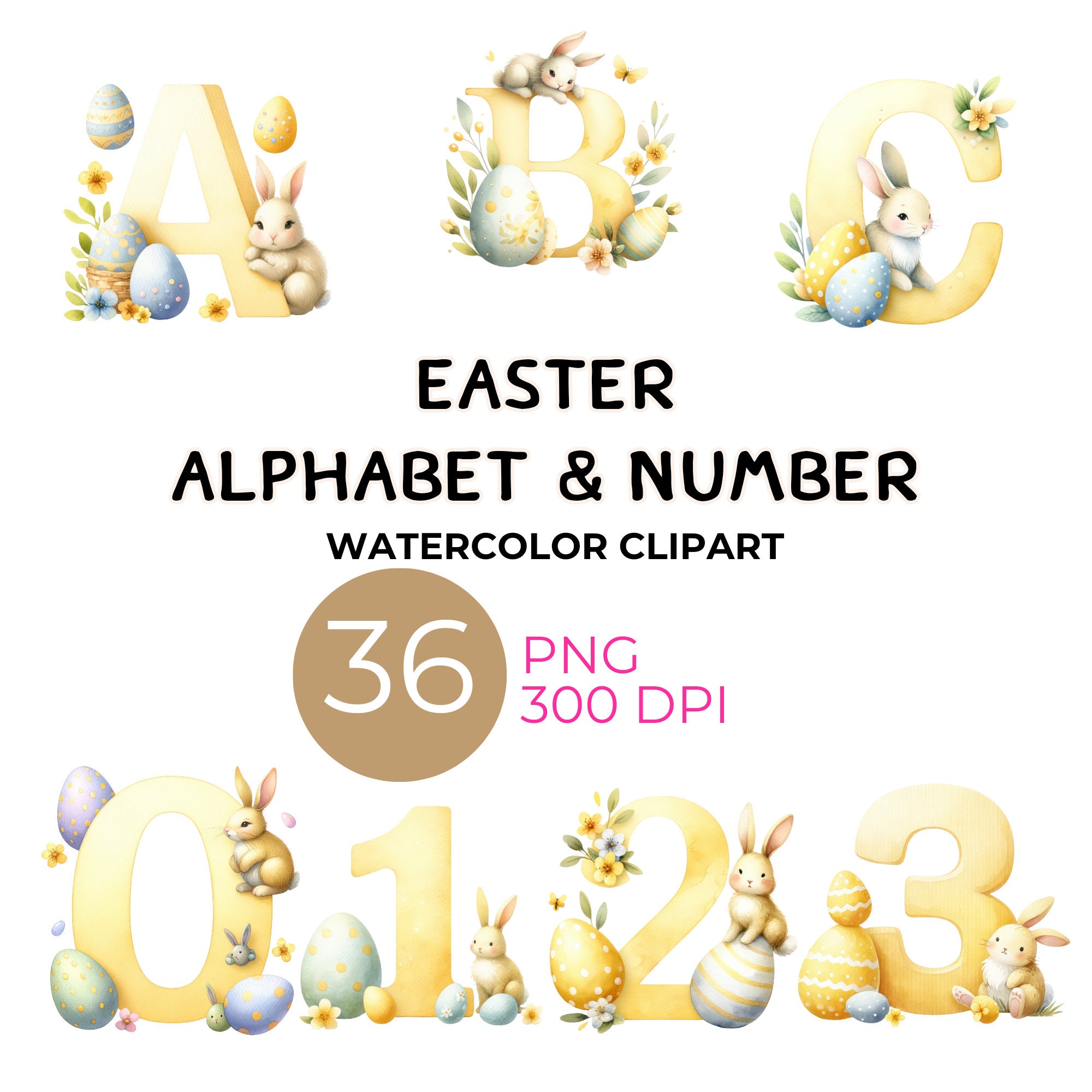 Easter Watercolor Alphabet & Numbers Clipart Set - 36 PNG Files With ...
