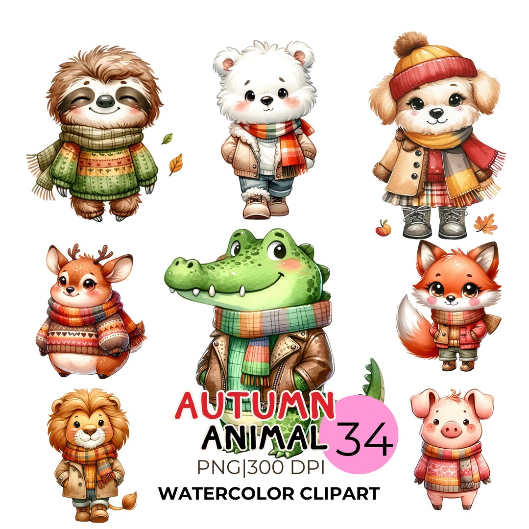 Autumn Animal Clipart | Watercolor Fall Animals PNG | Woodland ...