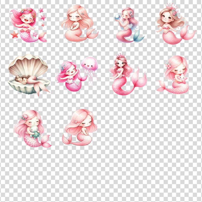 Pink Mermaid Watercolor Clipart - Cute Mermaid PNG Illustrations ...