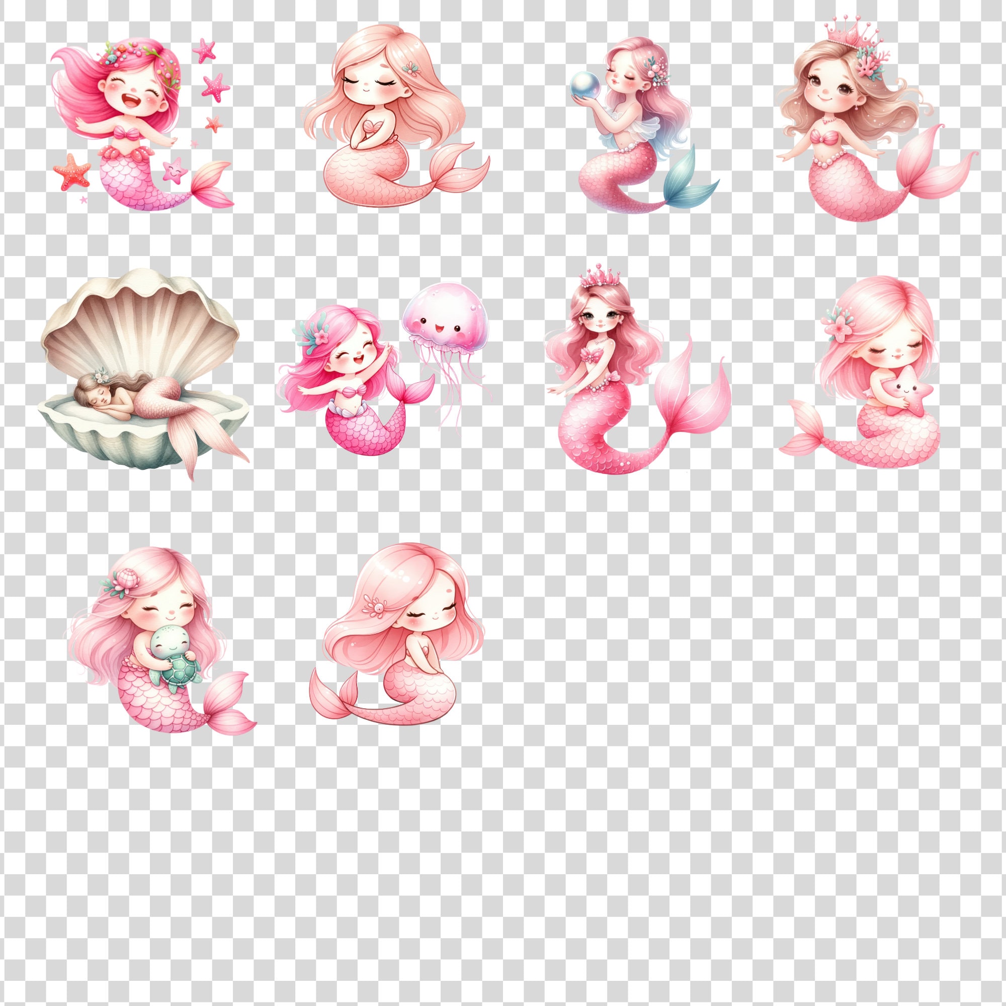 Pink Mermaid Watercolor Clipart - Cute Mermaid PNG Illustrations ...