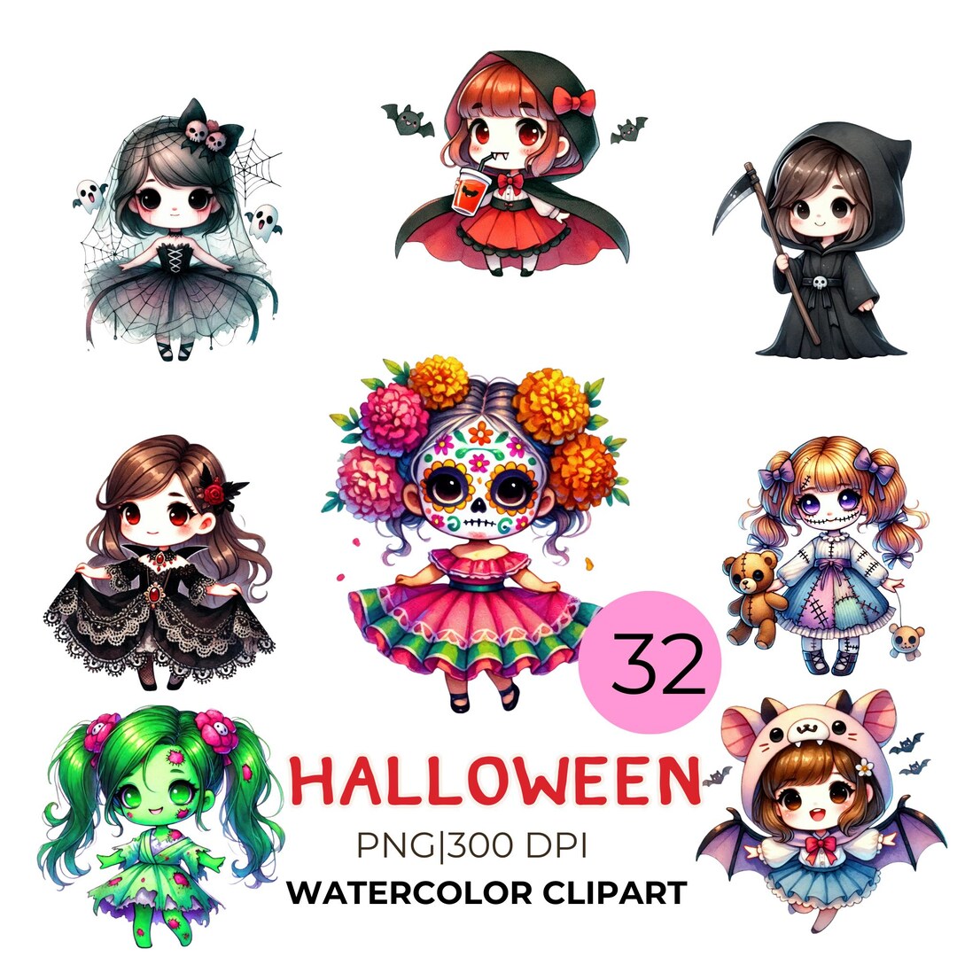 Kawaii Halloween Clipart | Watercolor Girl Characters (digital Download ...