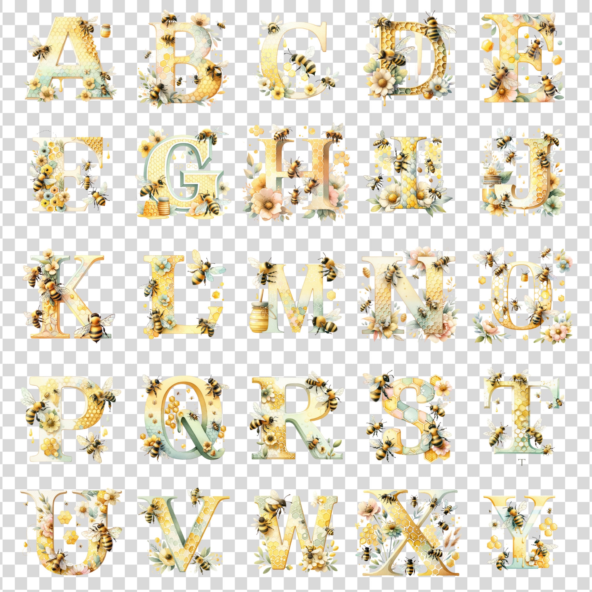 Bee-themed Alphabet and Numbers Clipart Set Watercolor ABC and 123 PNG ...